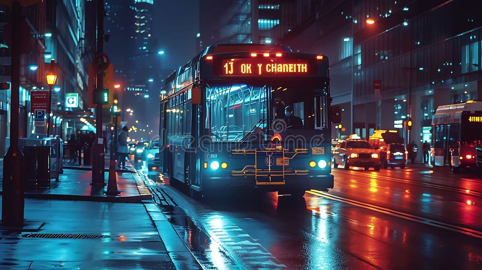 Bus on a Nighttime Urban Commute Stock Illustration - Illustration of ...