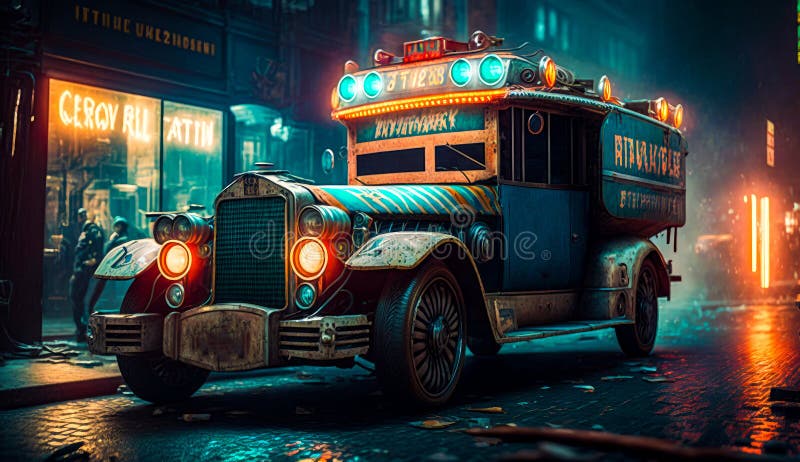 Bus is Parked on City Street at Night. Generative AI Stock Illustration ...