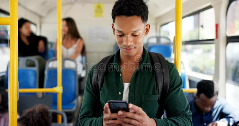 Bus, People and Man with Smartphone, Chatting and Communication with ...