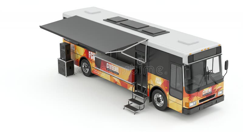 Bus with Retractable Awning Featuring Solar Panels on White Background ...