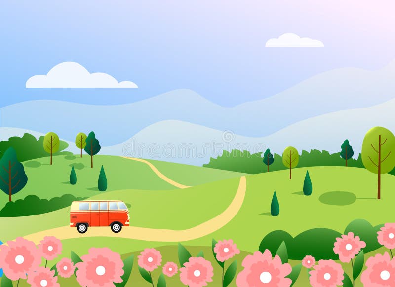 The Bus Rides through the Flower Fields. Spring Landscape, Road and ...