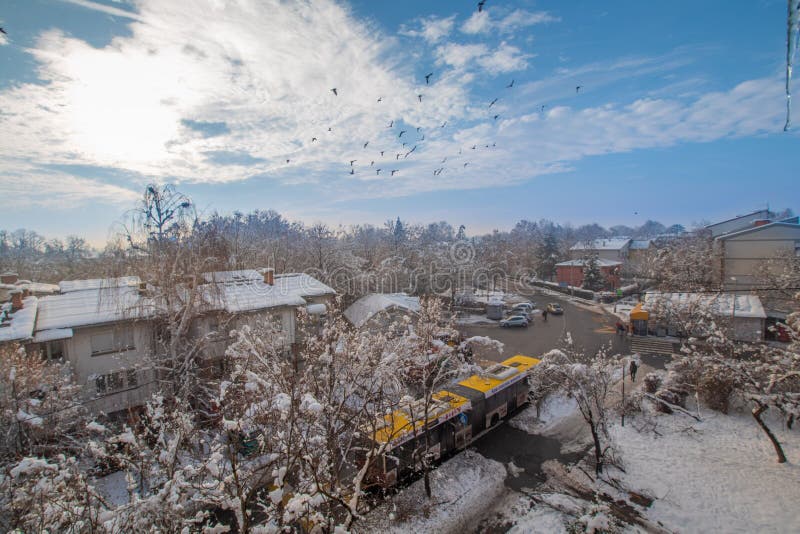 Bus Riding through Snowy Suburbs in Kotez, Belgrade Stock Image - Image ...