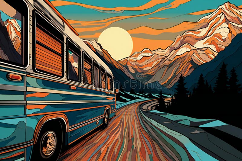 Bus on the Road in the Mountains at Sunset Stock Illustration ...
