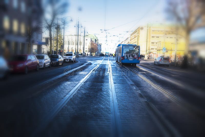 Bus on the Road Which Sharing with Tram. Stock Image - Image of ...