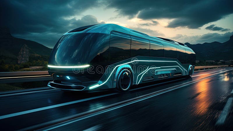 A Futuristic Bus Driving on the Highway at Night Stock Image - Image of ...