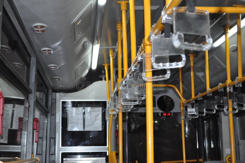 Empty bus cabin at night stock photo. Image of seat - 211233752
