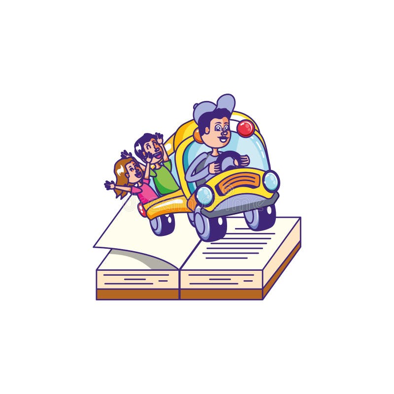Bus School with Driver and Students in Book Open Stock Illustration ...