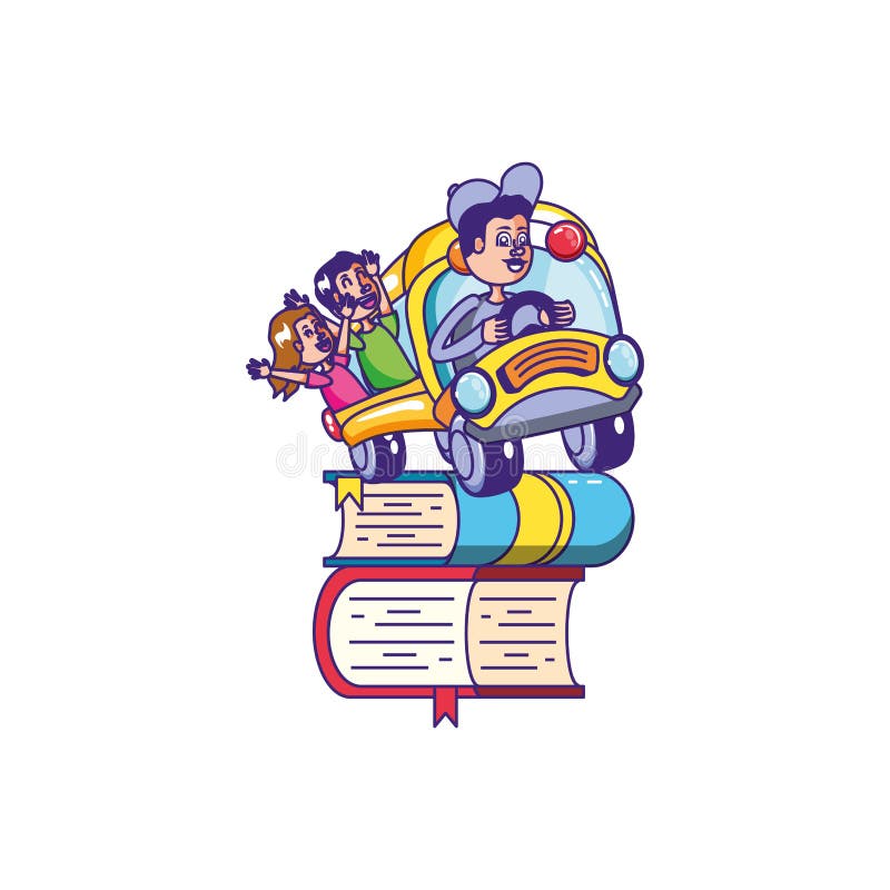 Bus School with Driver and Students in Pile of Library Books Stock ...