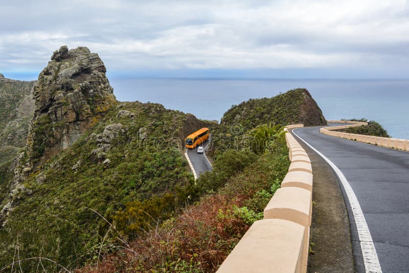Bus on a Serpentine Road. Sharp Turn. Road in the Mountains after Rain ...