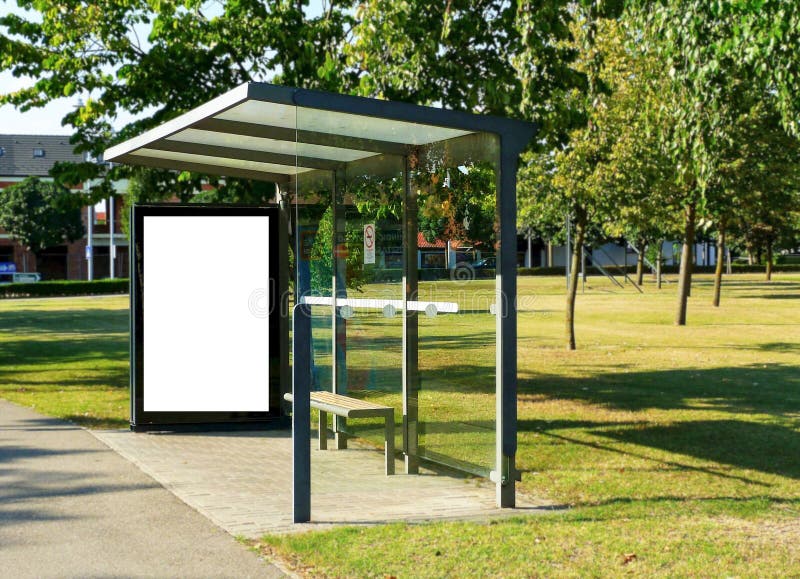 Bus Shelter with Blank White Ad Panel and Light Box for Mockup at City ...