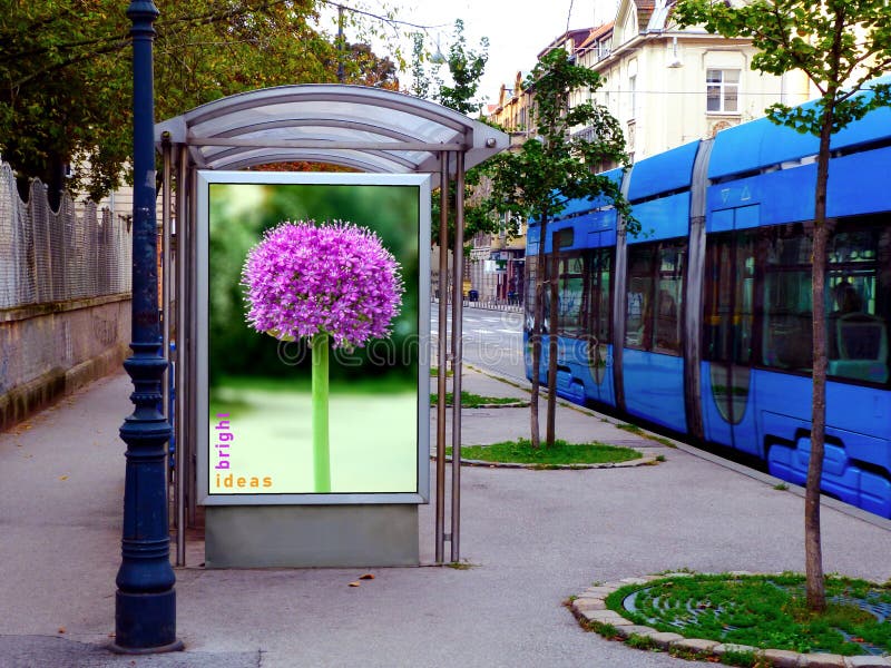 Bus Shelter and Bus Stop. Glass Light Box Side Ad Panel. Colorful ...