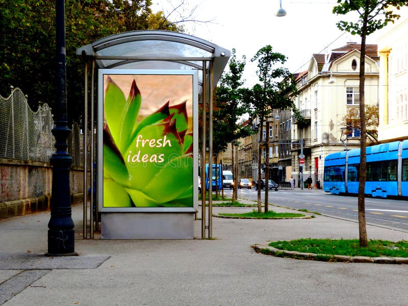 Bus Shelter at Bus Stop. Light Box Side Ad Panel. Colorful Sample Image ...