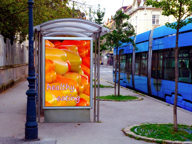 Bus Shelter at Bus Stop. Light Box Side Ad Panel. Colorful Sample Image ...