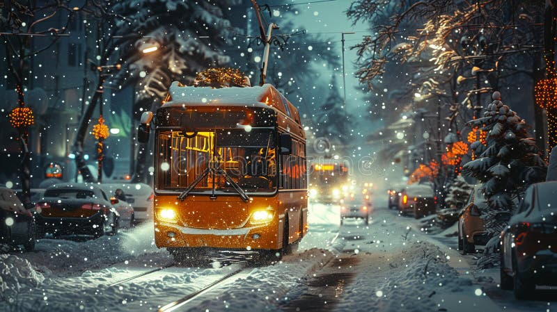 Bus on Snowy Streets in Winter Stock Illustration - Illustration of ...