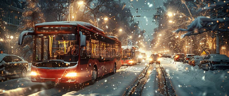 Bus on Snowy Streets in Winter Stock Illustration - Illustration of ...