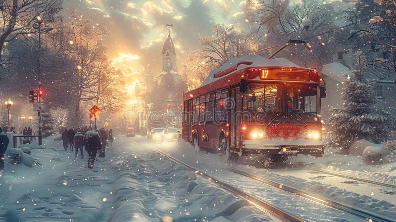 Bus on Snowy Streets in Winter Stock Illustration - Illustration of ...