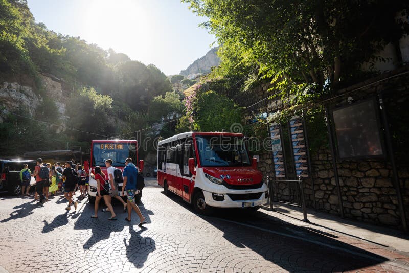 Bus Station with Crowd of Tourists in Positano, Italy Editorial Stock ...