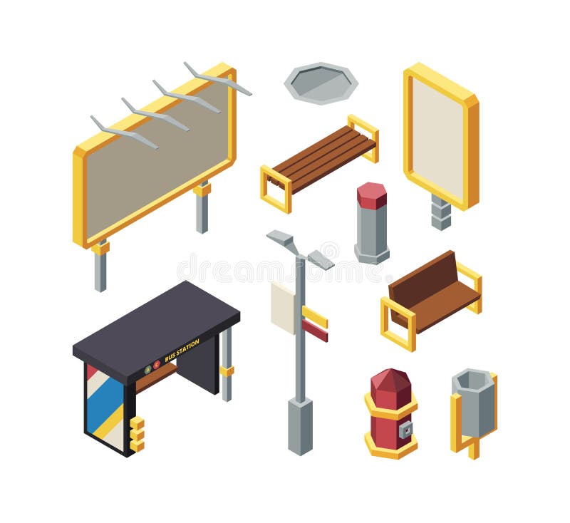 Bus Station Elements Isometric Vector Illustration Set Stock Vector ...