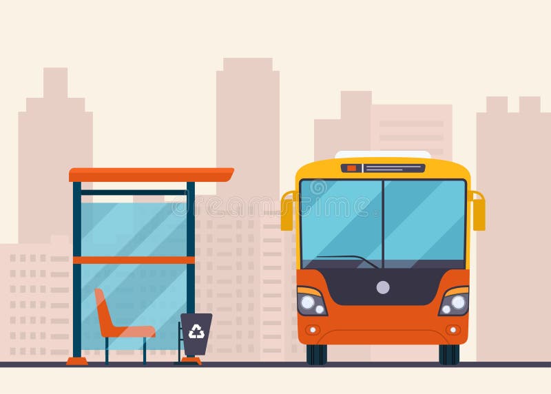 Bus and Bus Stop on Abstract Cityscape Background. Vector Flat ...