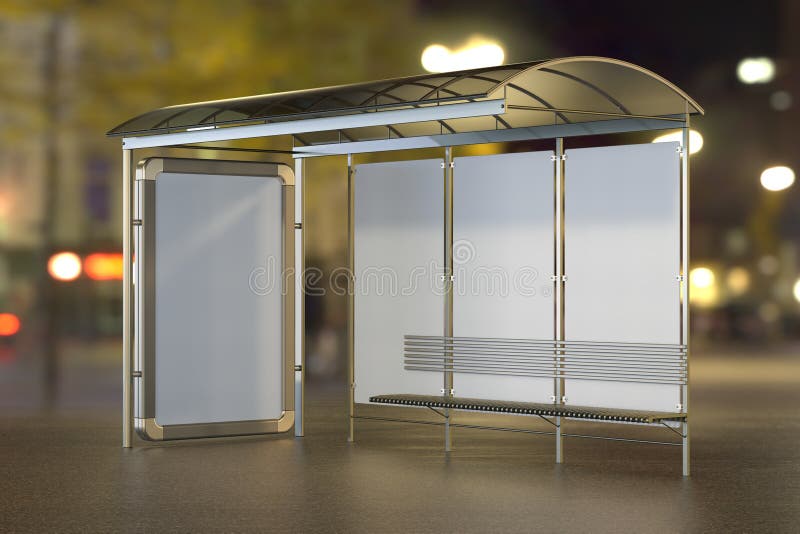 Bus Stop with Advertising Panels on the Night City Blurred Background ...