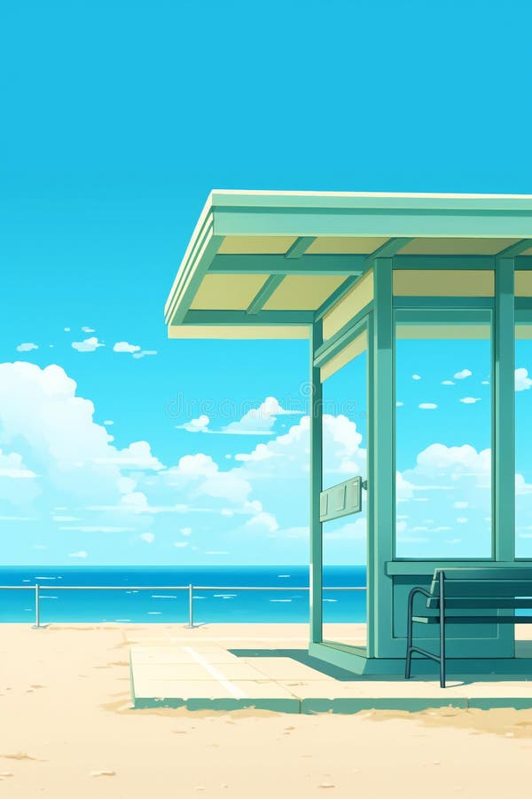 Bus Stop on the Beach, Illustration, Blue Sky Stock Illustration ...