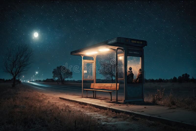 A Bus Stop with a Bench, Lanterns, and a View of the Night Sky Stock ...