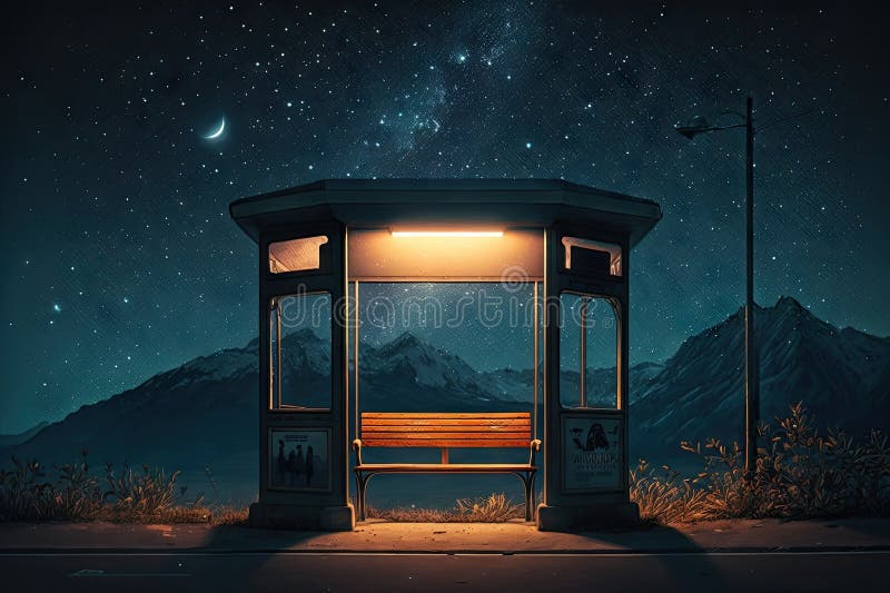 A Bus Stop with a Bench, Lanterns, and a View of the Night Sky Stock ...