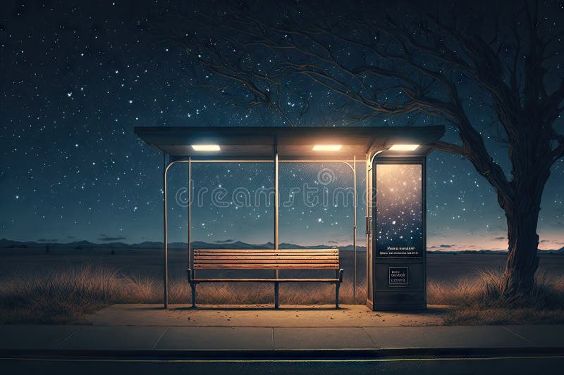 A Bus Stop with a Bench, Lanterns, and a View of the Night Sky Stock ...