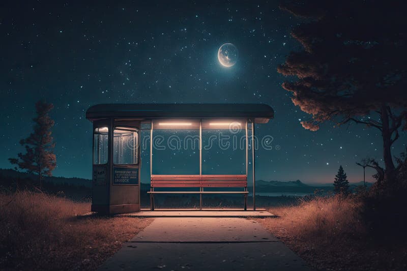 A Bus Stop with a Bench, Lanterns, and a View of the Night Sky Stock ...
