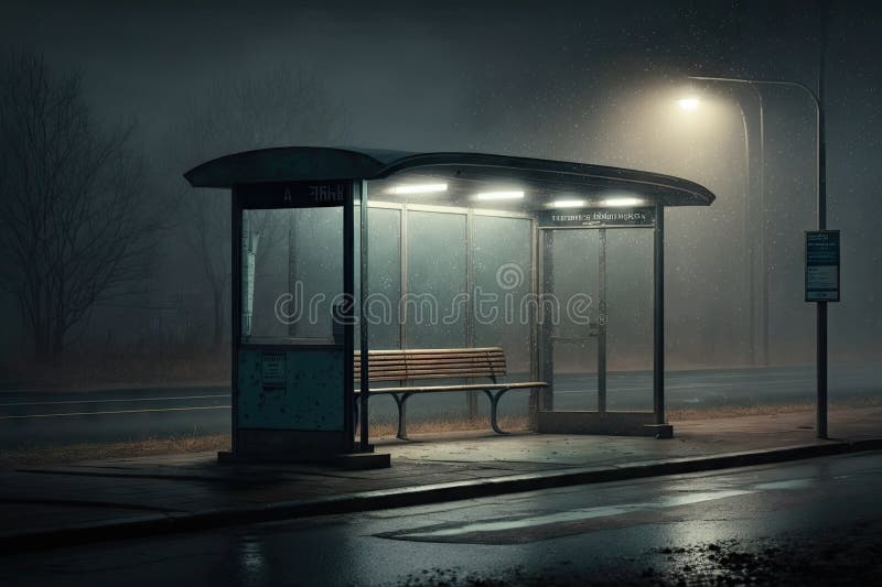 A Bus Stop with a Bench and Shelter, Surrounded by Darkness and Silence ...