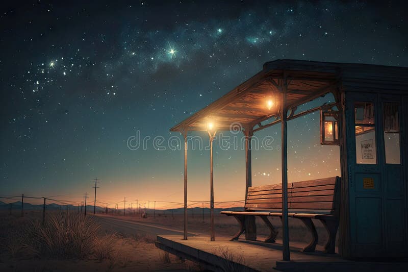 Bus Stop with a Bench, Warm Lanterns and a View of the Star-filled Sky ...