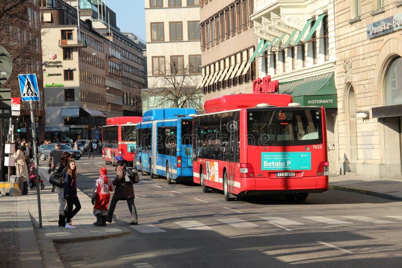 Bus Stop and Buses in Stockholm, Sweden. Editorial Photo - Image of ...