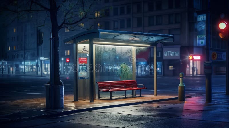 Bus Stop in City at Night on Background. Generative AI. Stock ...