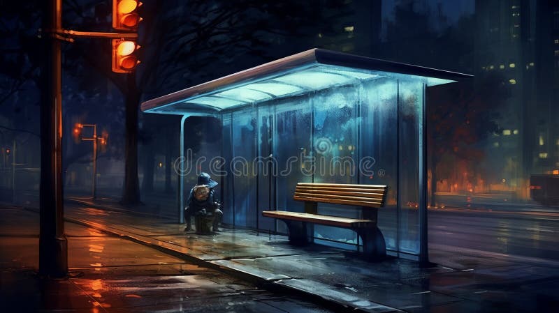 Bus Stop in City at Night on Background. Generative AI. Stock ...