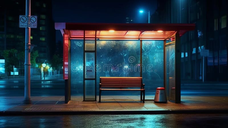 Bus Stop in City at Night on Background. Generative AI. Stock ...