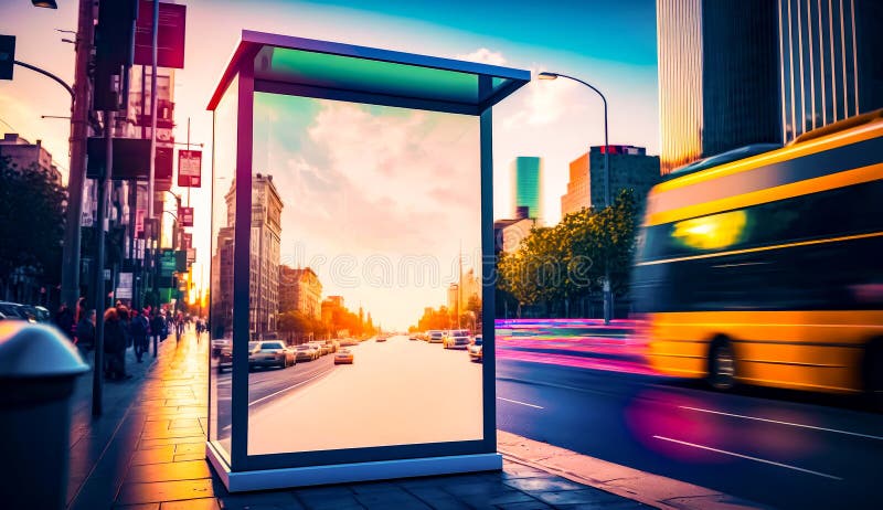 Bus Stop on City Street with Bus in the Background and Billboard in the ...
