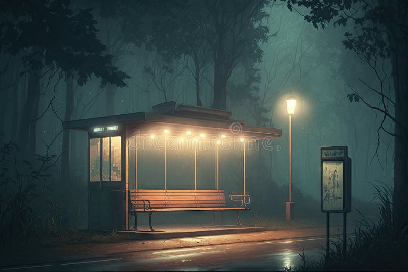 Bus Stop with Dimly-lit Lanterns and Bench, Surrounded by Dark and ...