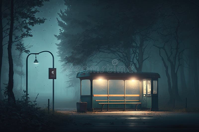 Bus Stop with Dimly-lit Lanterns and Bench, Surrounded by Dark and ...