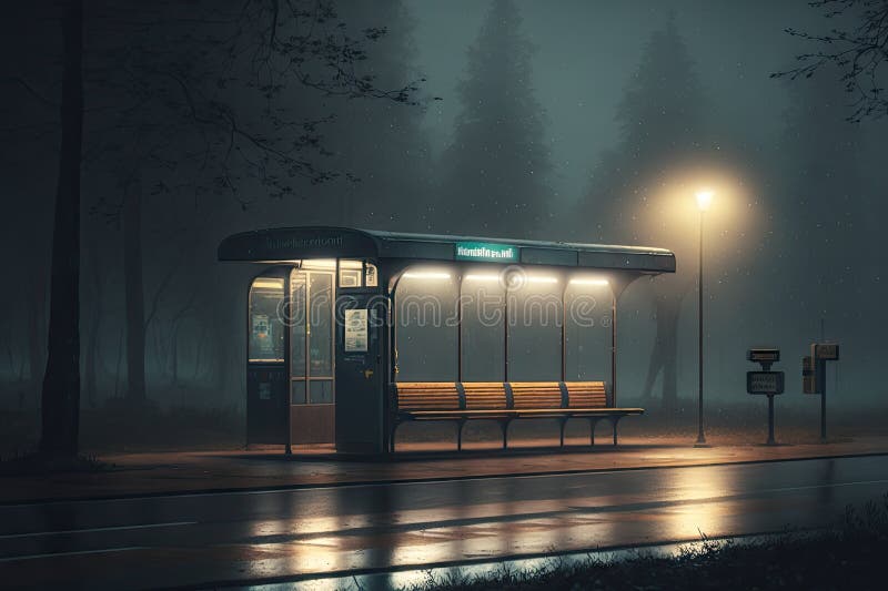 Bus Stop with Dimly-lit Lanterns and Bench, Surrounded by Dark and ...