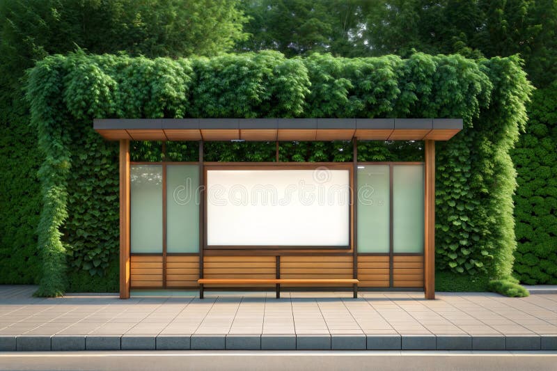 Blank Billboard at Eco-Friendly Bus Stop Surrounded by Lush Greenery ...