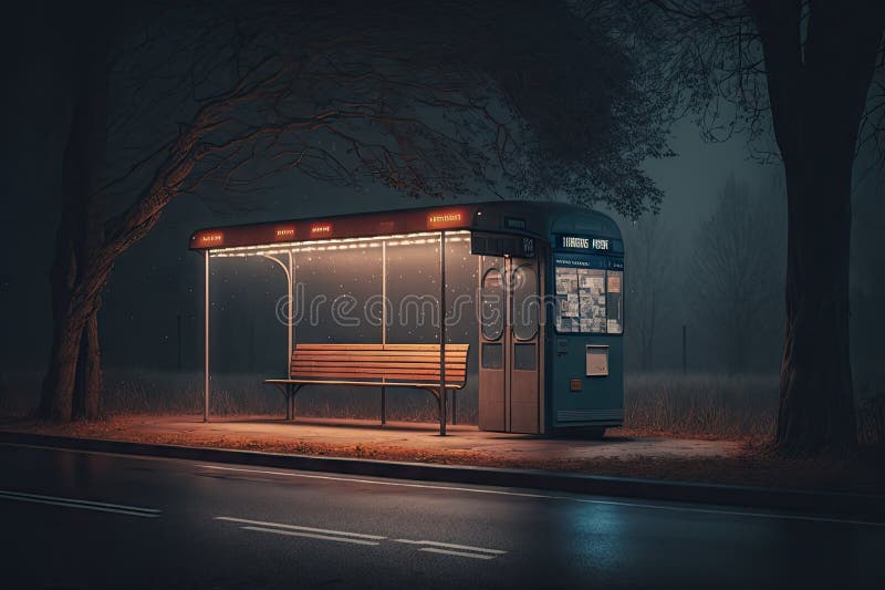 Bus Stop with Flickering Lights, Creating a Spooky Atmosphere at Night ...