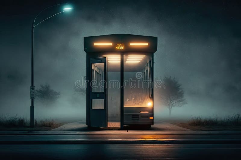 A Bus Stop with a Flickering Street Light, Surrounded by Darkness Stock ...