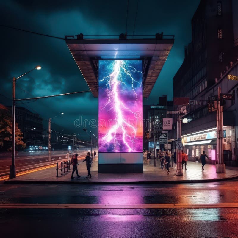A Bus Stop with a Large Screen with Lightning on it Stock Illustration ...