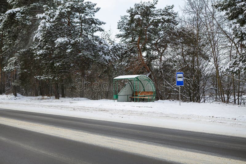 Bus Stop in the Middle of a Beautiful Winter Road in the Middle of the ...
