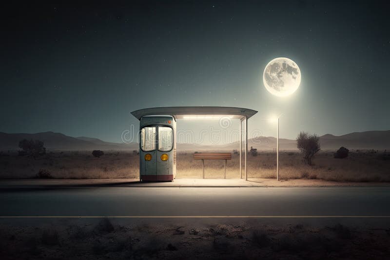 A Bus Stop in the Middle of a Deserted Street, with only the Moon ...