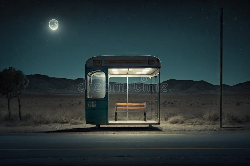 A Bus Stop in the Middle of a Deserted Street, with only the Moon ...