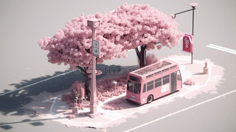 Bus Stop Near a Pink Cherry Tree Stock Illustration - Illustration of ...
