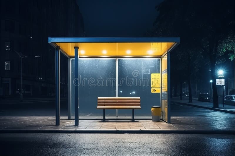 Bus Stop Night Lights. Generate Ai Stock Illustration - Illustration of ...