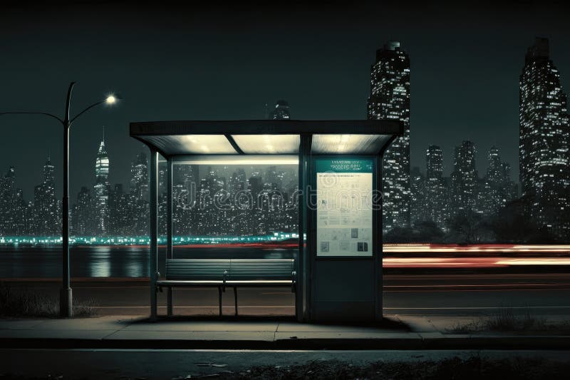 Bus Stop at Night, with View of City Skyline, and Distant Traffic ...