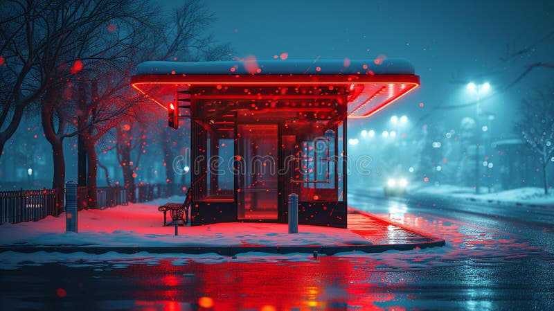 Bus Stop at Night in Winter Stock Illustration - Illustration of people ...